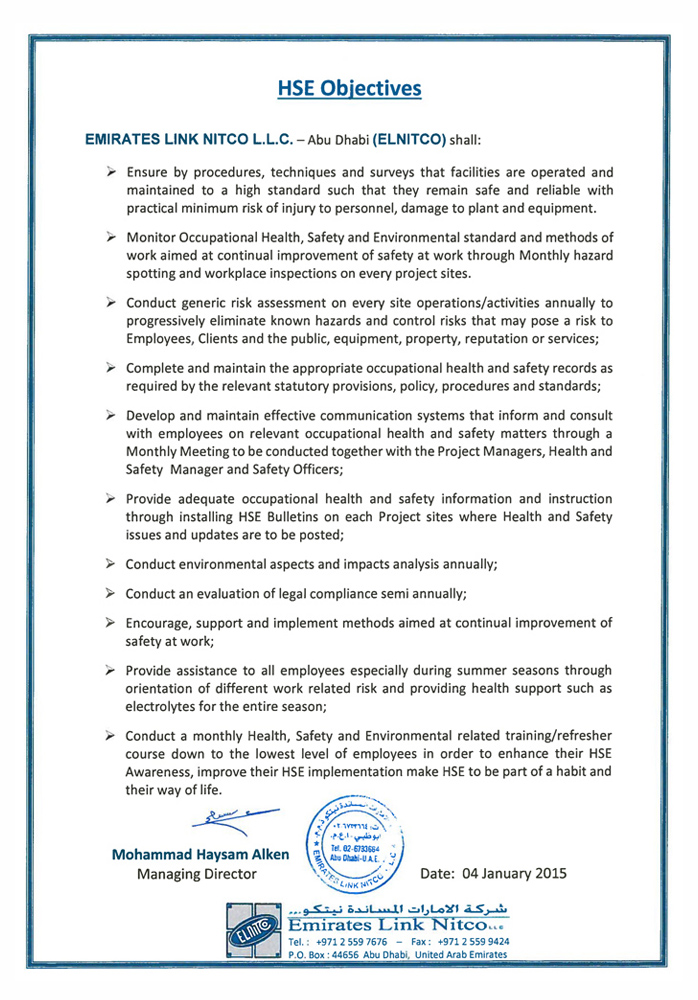 HSE Policy – Emirates Link Nitco LLC